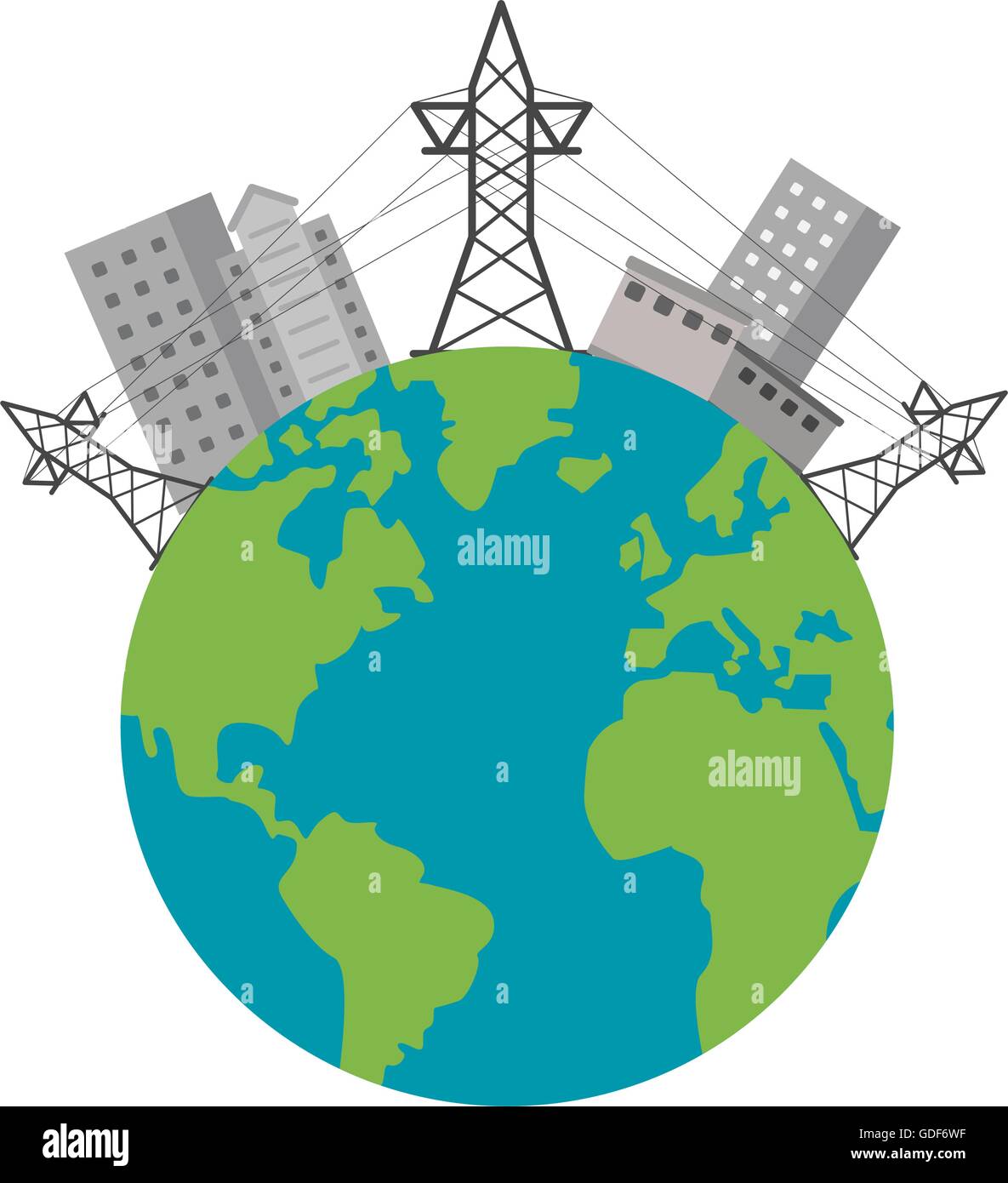 earth globe with buildings and electricity towers icon Stock Vector ...