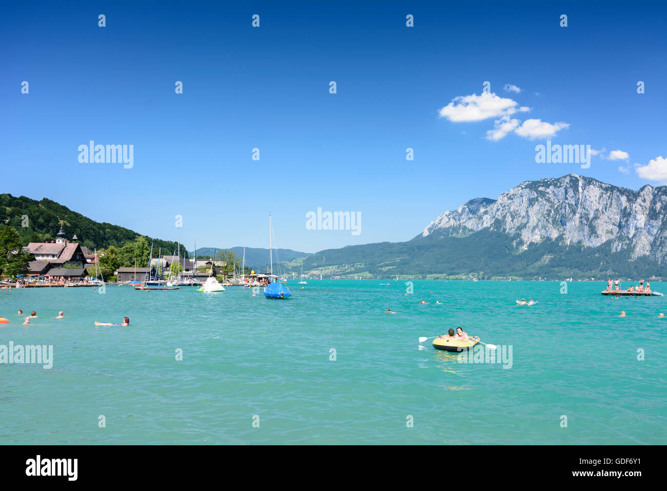 Unterach am Attersee: lake Attersee with jetty , bathers , sailing ...