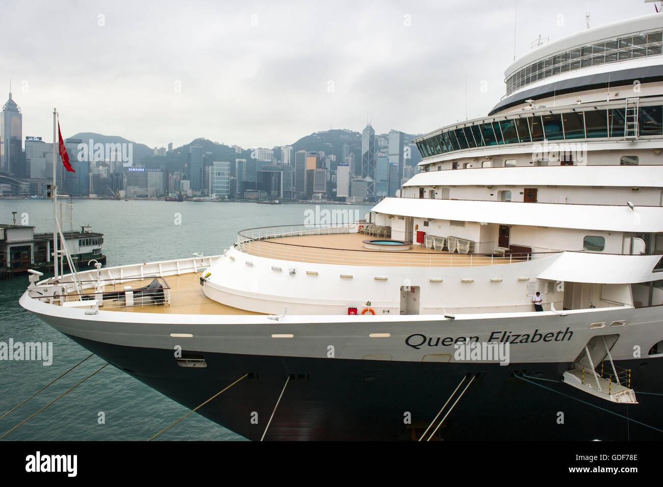 Queen Elizabeth cruise ship bow moored at Ocean Terminal Hong Kong ...