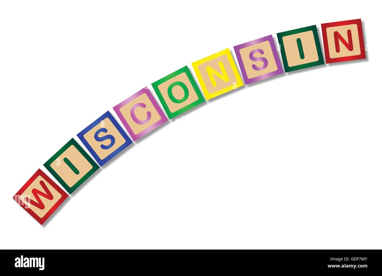 A collection of wooden block letters spelling Wisconsin over a white ...