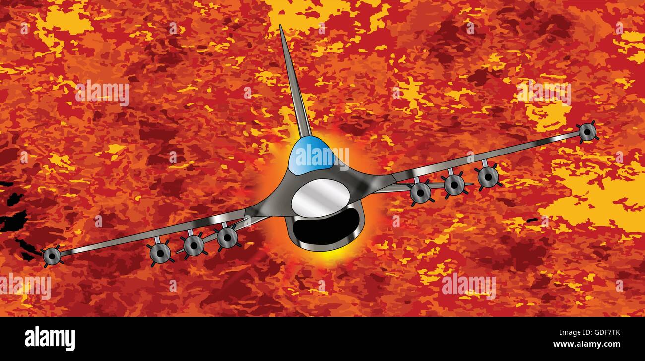 A jet fighter zooming away from the explosion and flames Stock Vector ...