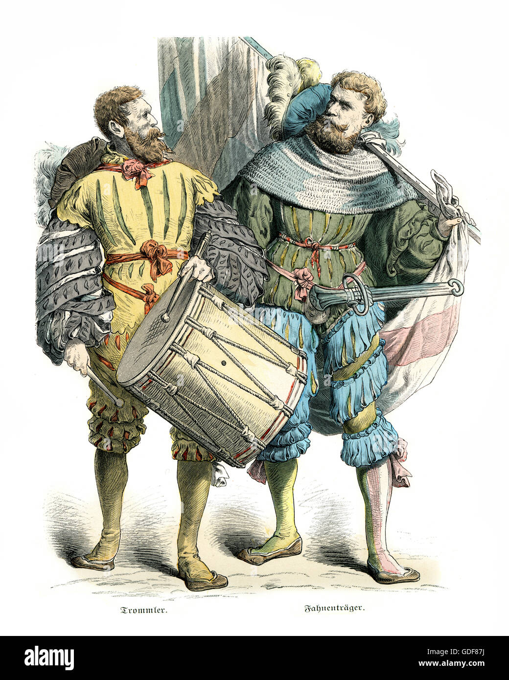 German Landsknecht Soldiers of the 16th Century, Drummer and Standard ...