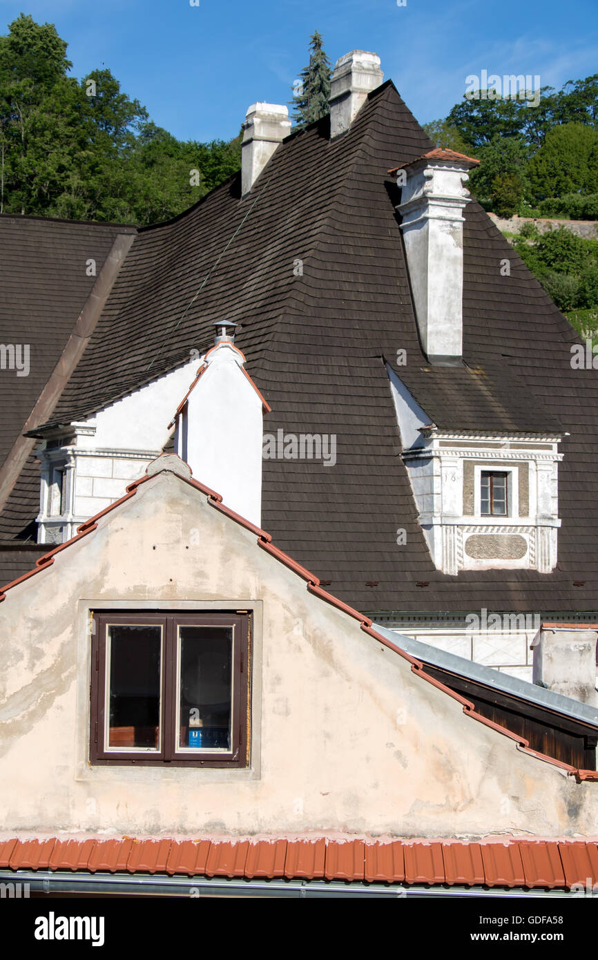 Historical tiled roof with attic windows and the chimney against the ...
