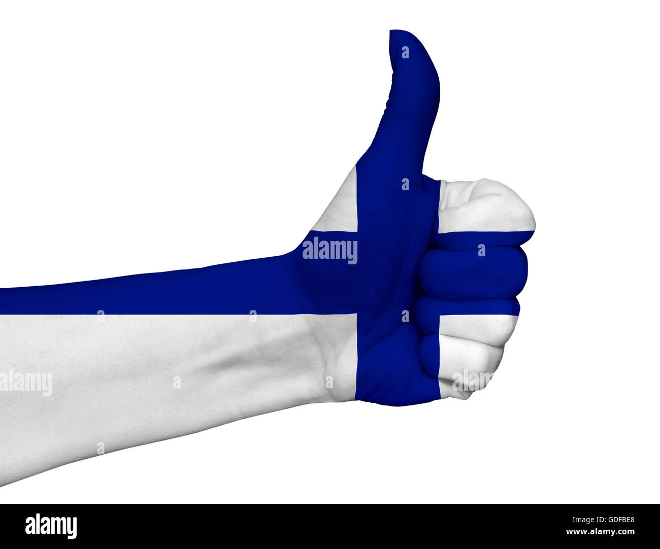 Hand with thumb up painted in colors of Finland flag isolated Stock ...