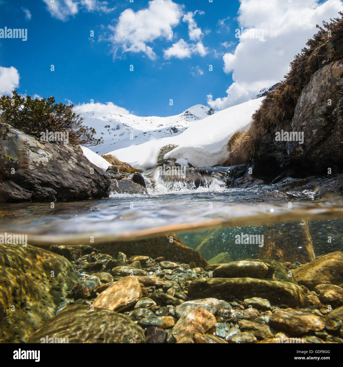 Snow landscape with Mount Seeblesspitze, below underwater scenery in a ...