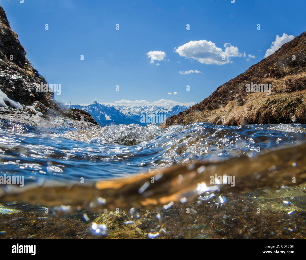 Landscape with Mount Serles and Kalkkögel, below underwater scenery in ...