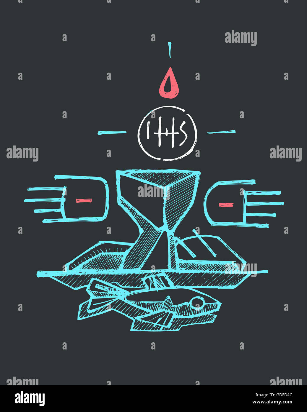 Hand drawn illustration or drawing of a cup and a Host with the letters ...