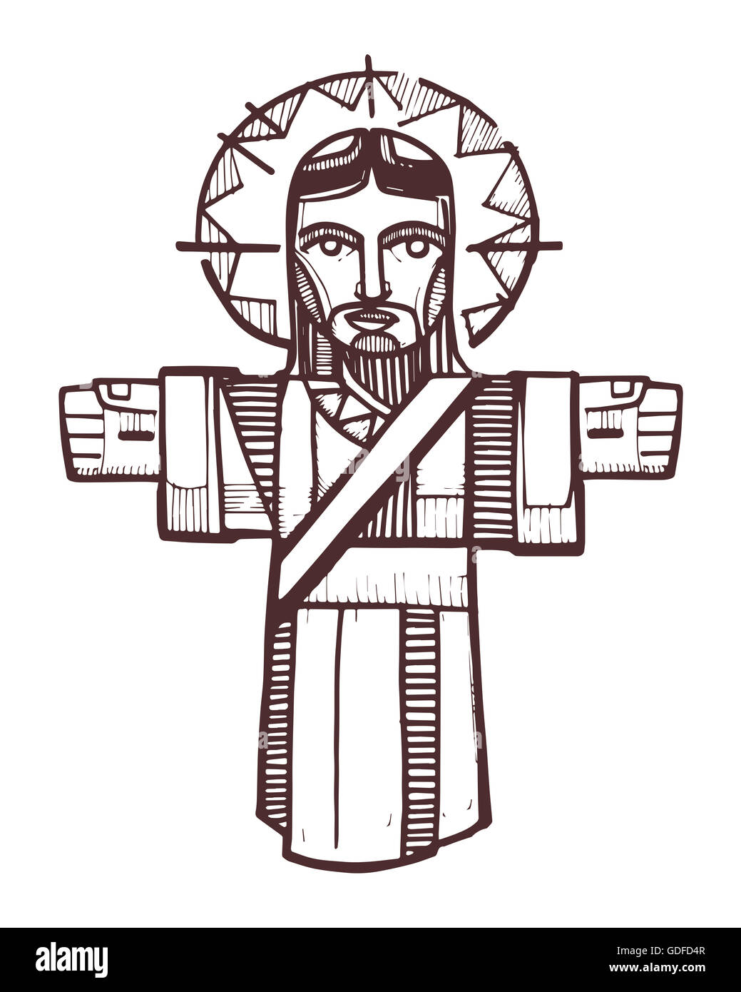 Hand drawn vector illustration or drawing of Jesus Christ with open ...