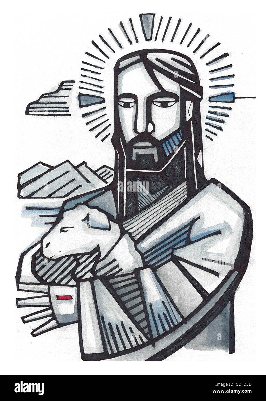 Hand drawn illustration or drawing of Jesus as Good Shepherd Stock ...