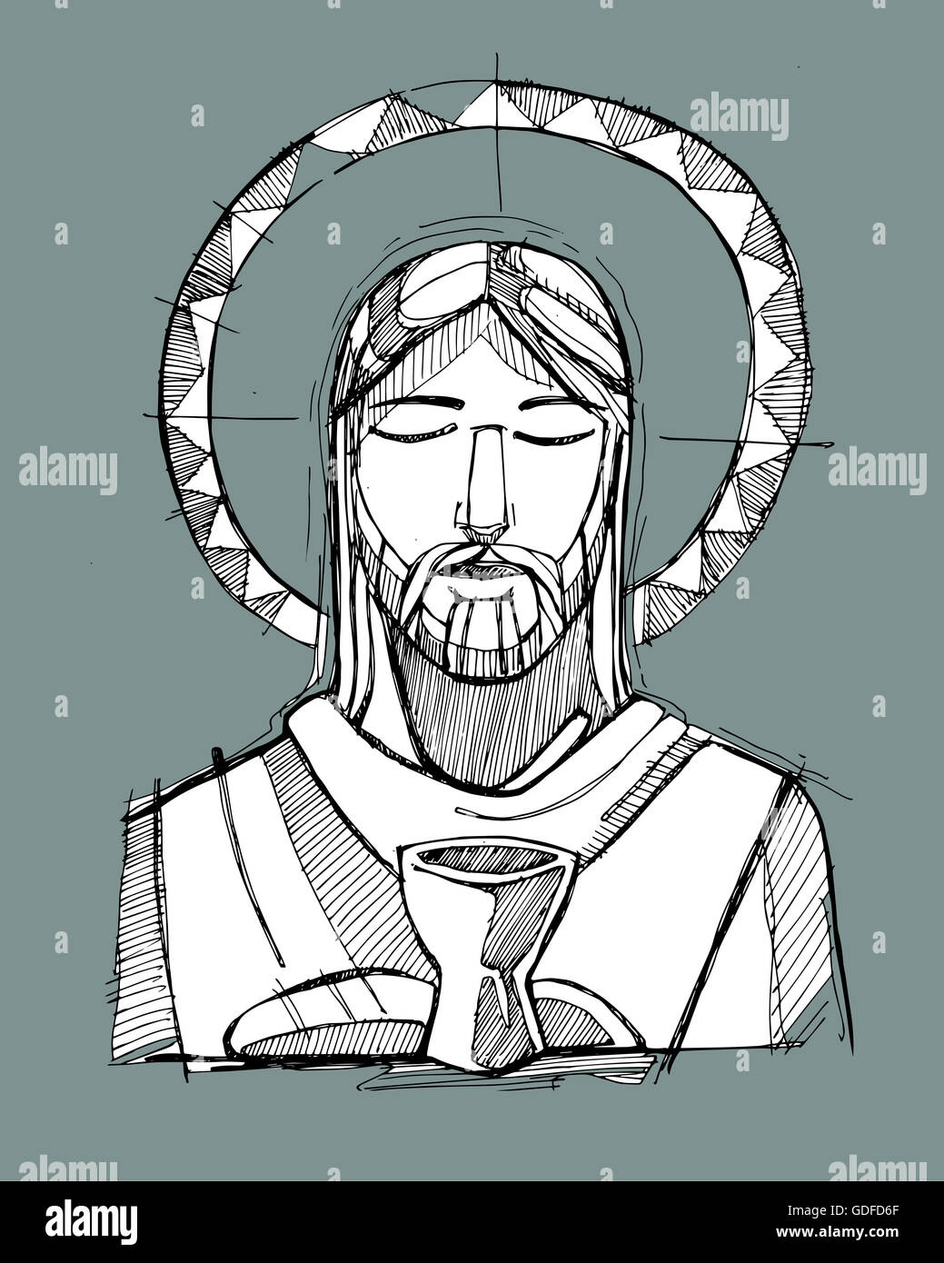 Hand drawn vector illustration or drawing of Jesus Christ and a cup and ...