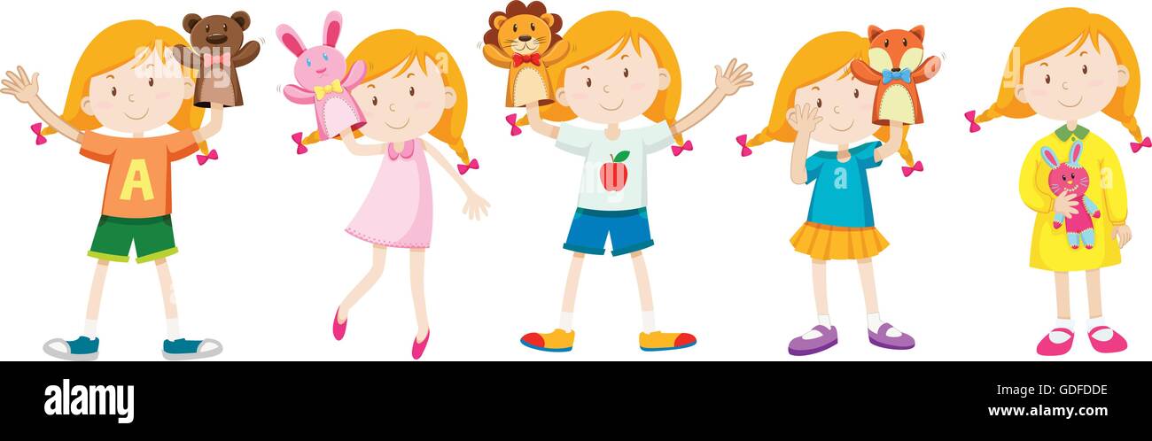 Girls and many puppet dolls illustration Stock Vector Image & Art - Alamy