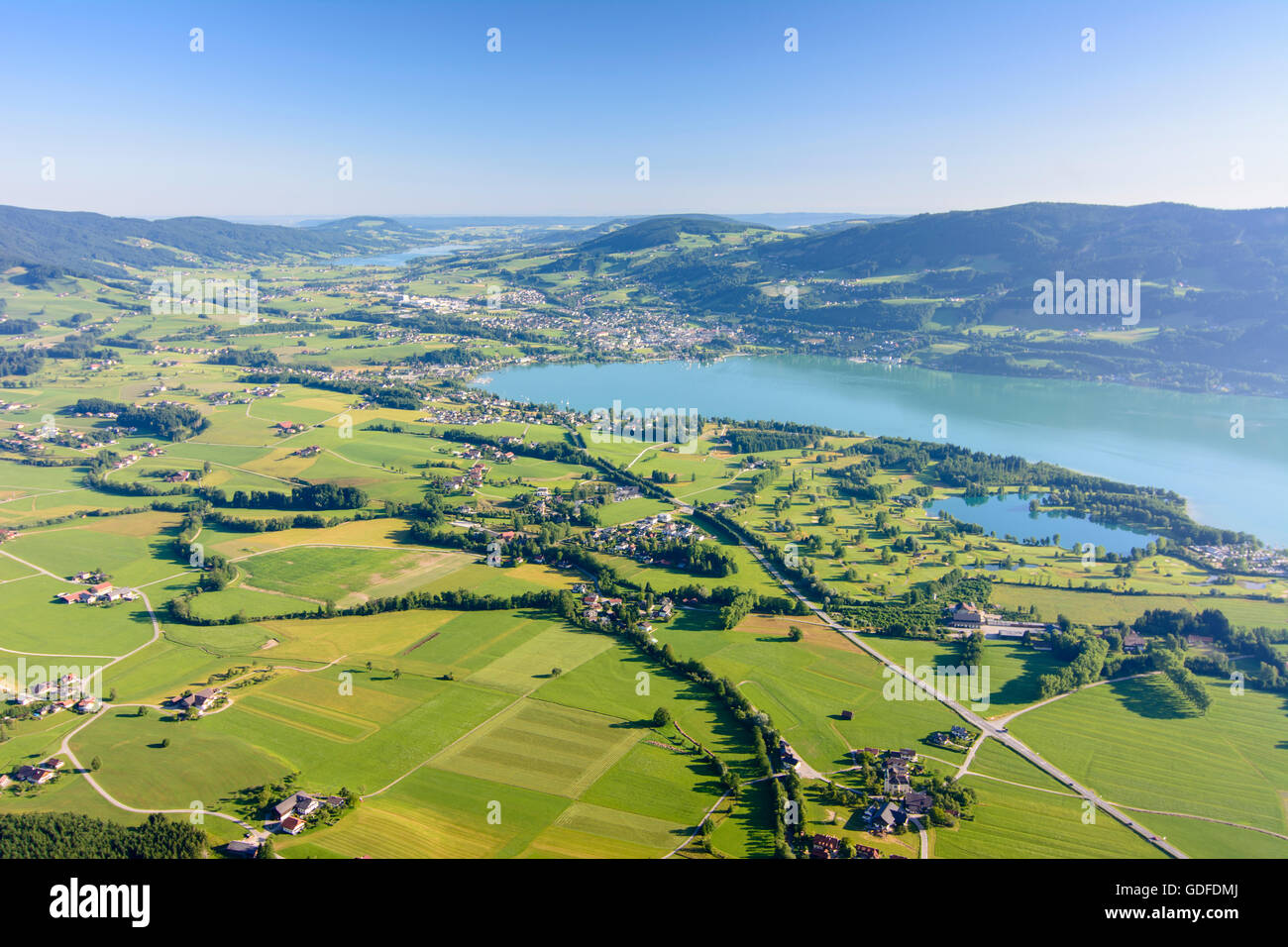Mondsee: View from the Drachenwand to Mondsee Lake and the village of ...