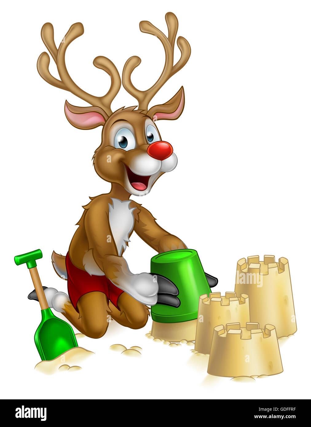 Christmas cartoon of Santa Clauss red nosed reindeer playing on a beach ...