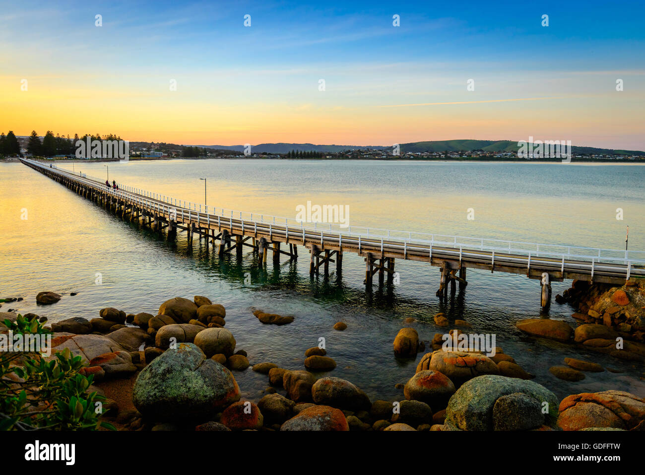 View at the Victor Harbor foot bridge at sunset from the Granite Island ...
