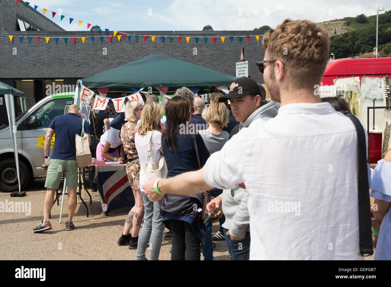 EDITORIAL USE ONLY Queue for Tracey Emin Stall the Vauxhall Art Car Boot Fair at Jerwood Gallery ...