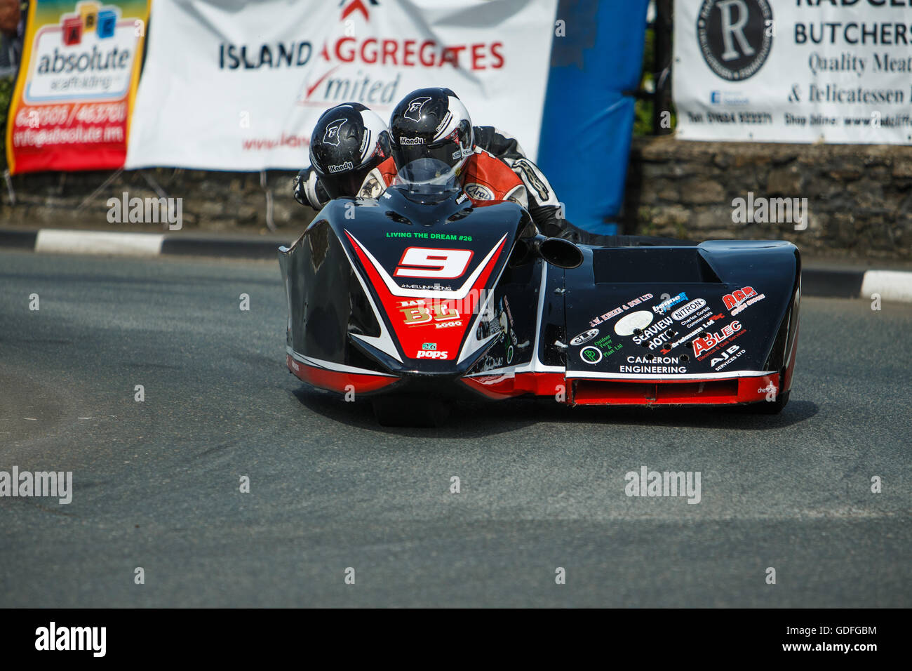 Darren Hope & Lenny Bumfrey round Castletown Corner during the Manx Gas ...