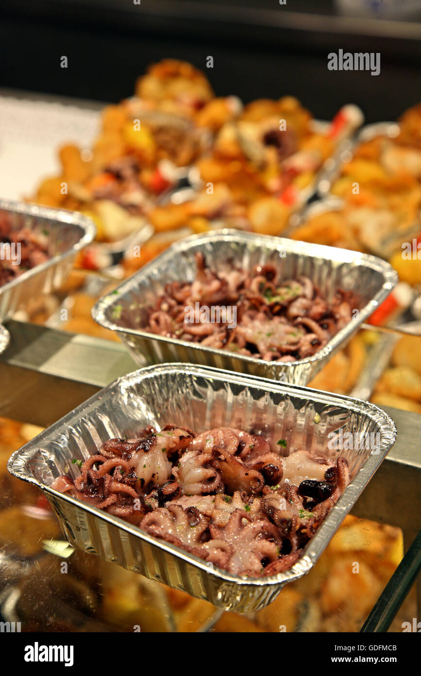 Seafood display for take away in the Boqueria the famous food market ...