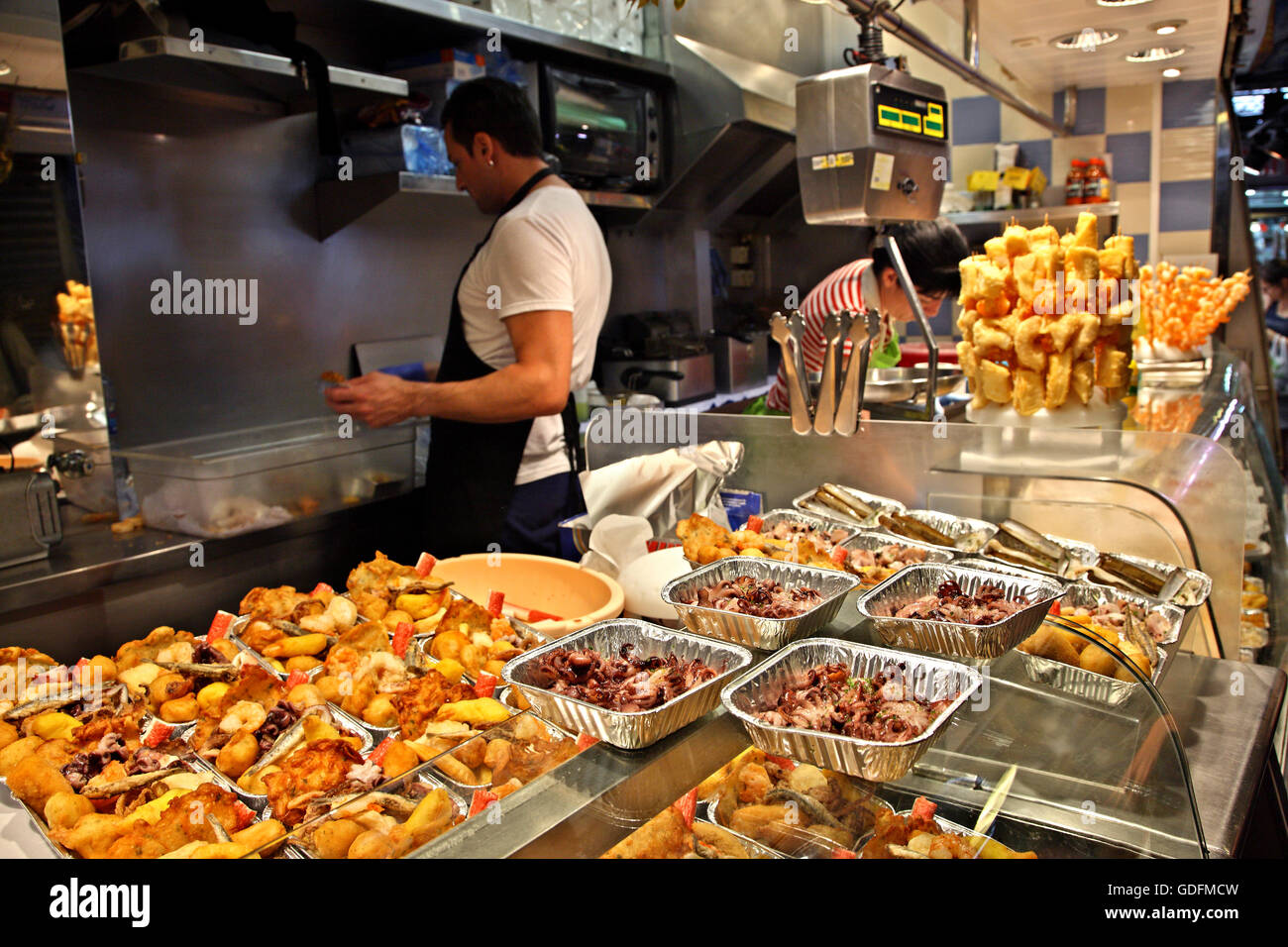 Seafood display for take away in the Boqueria the famous food market ...