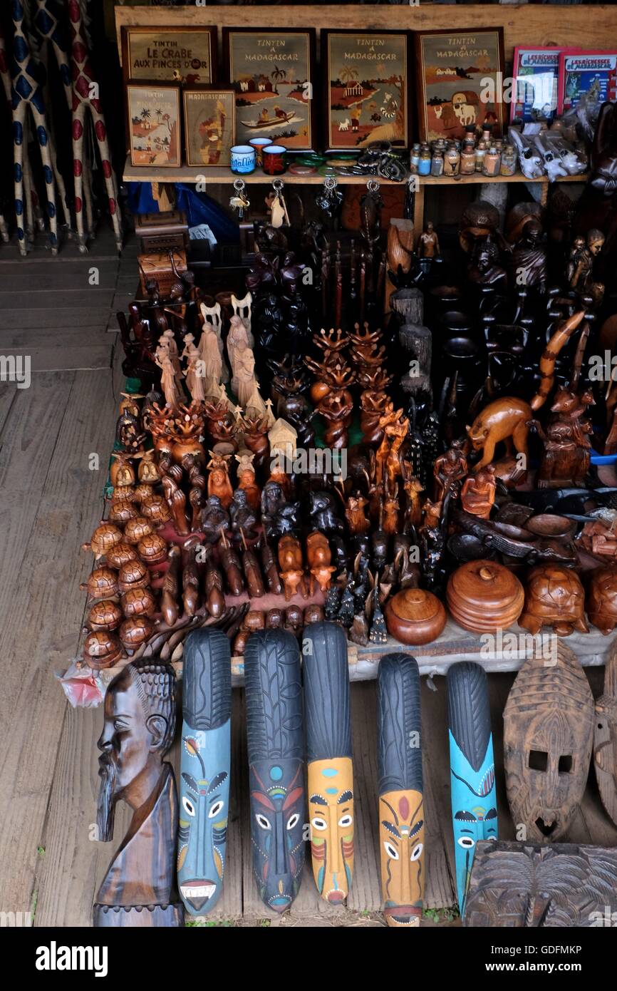 Souvenir woodcarvings on sale in the Digue Market, near Antananarivo ...