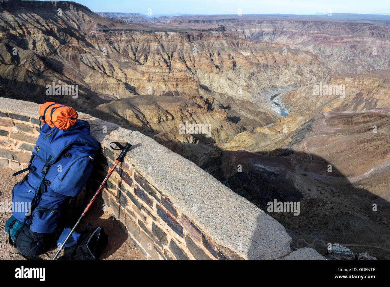 Backpack at the start of the Fish River Canyon hiking trail in southern ...