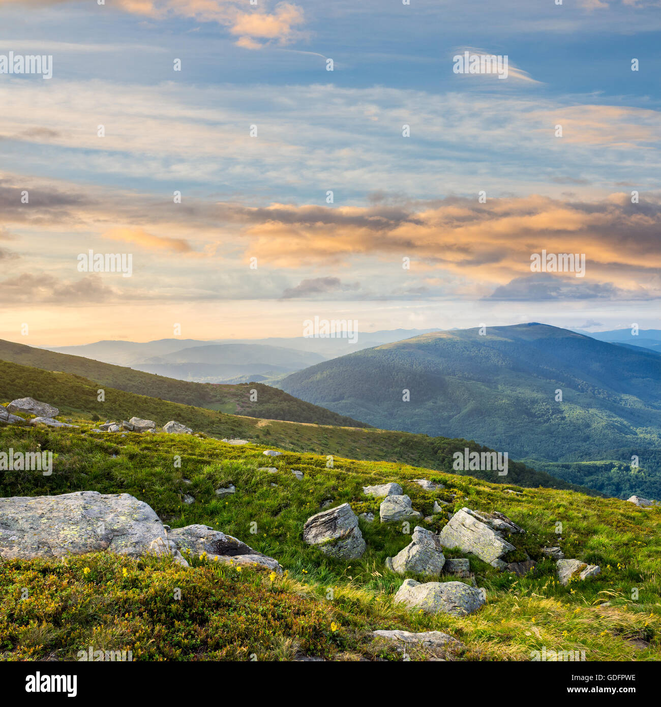 composite mountain landscape. valley with white sharp boulders on the ...