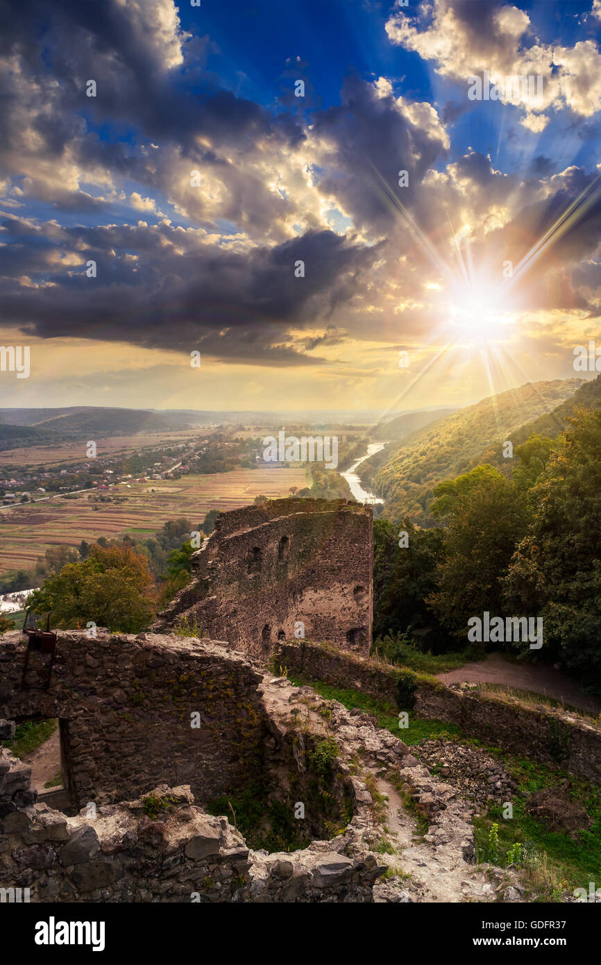 view to village in vally from stone wall of an old ruined castle in the ...