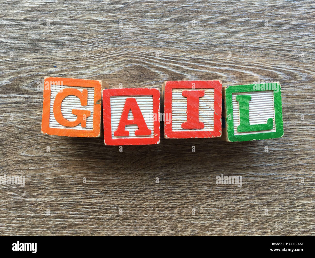 Gailname written with wood block letter toys Stock Photo - Alamy