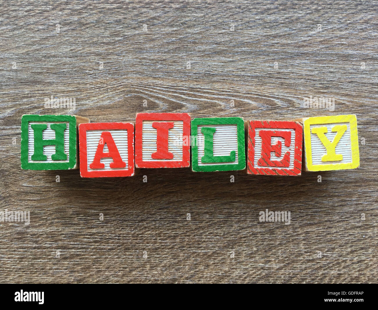 hailey name written with wood block letter toys Stock Photo - Alamy
