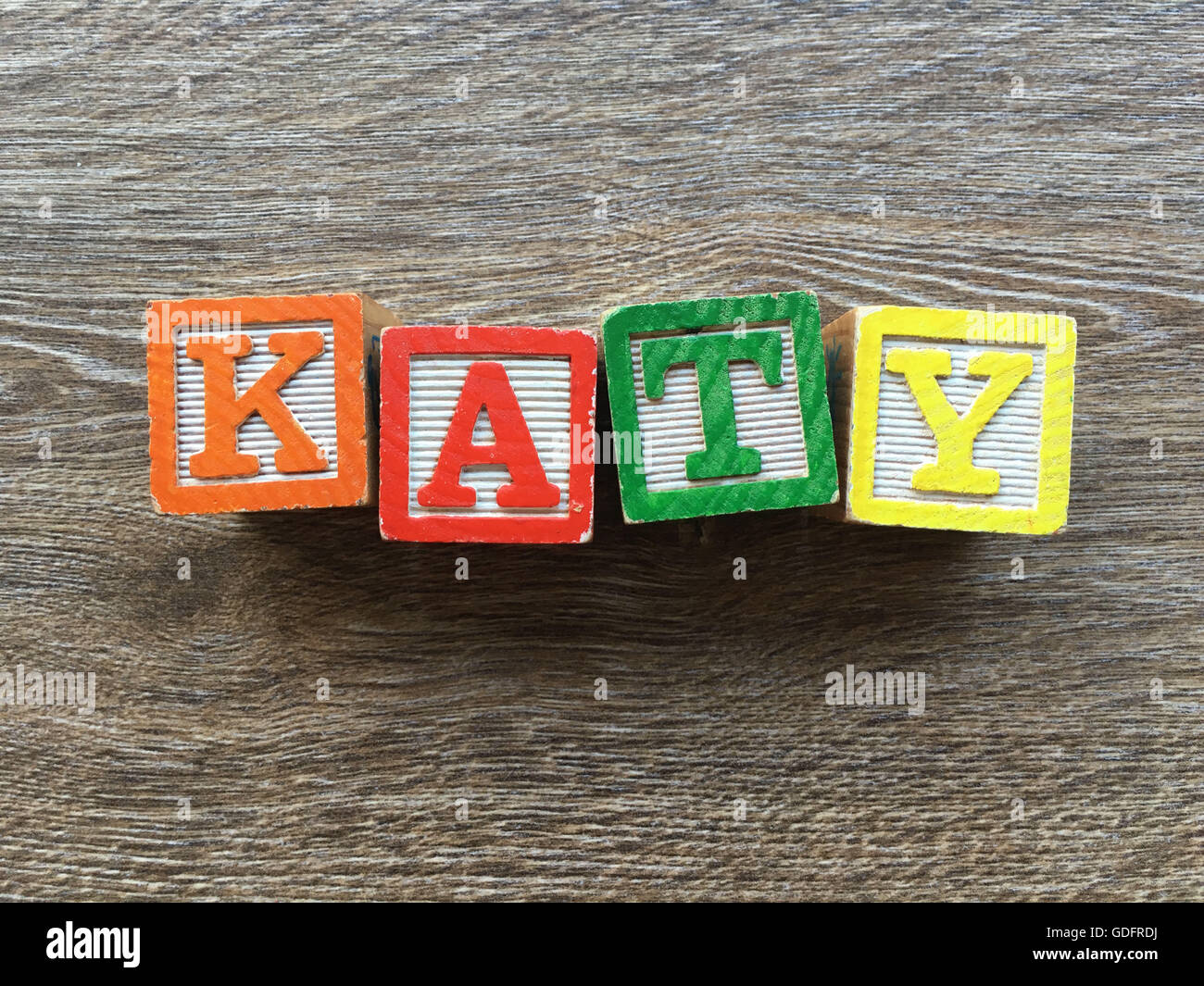 Katy name written with wood block letter toys Stock Photo - Alamy