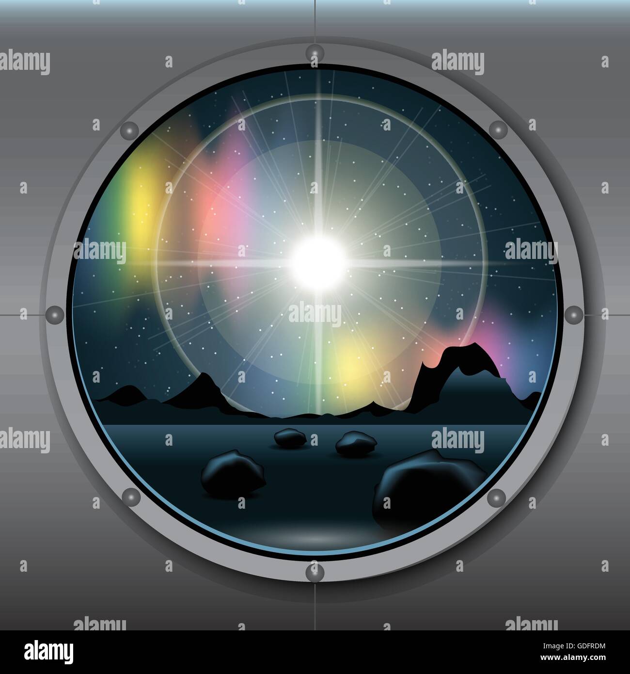 View from rocket or ship porthole on a planet in space over a ...
