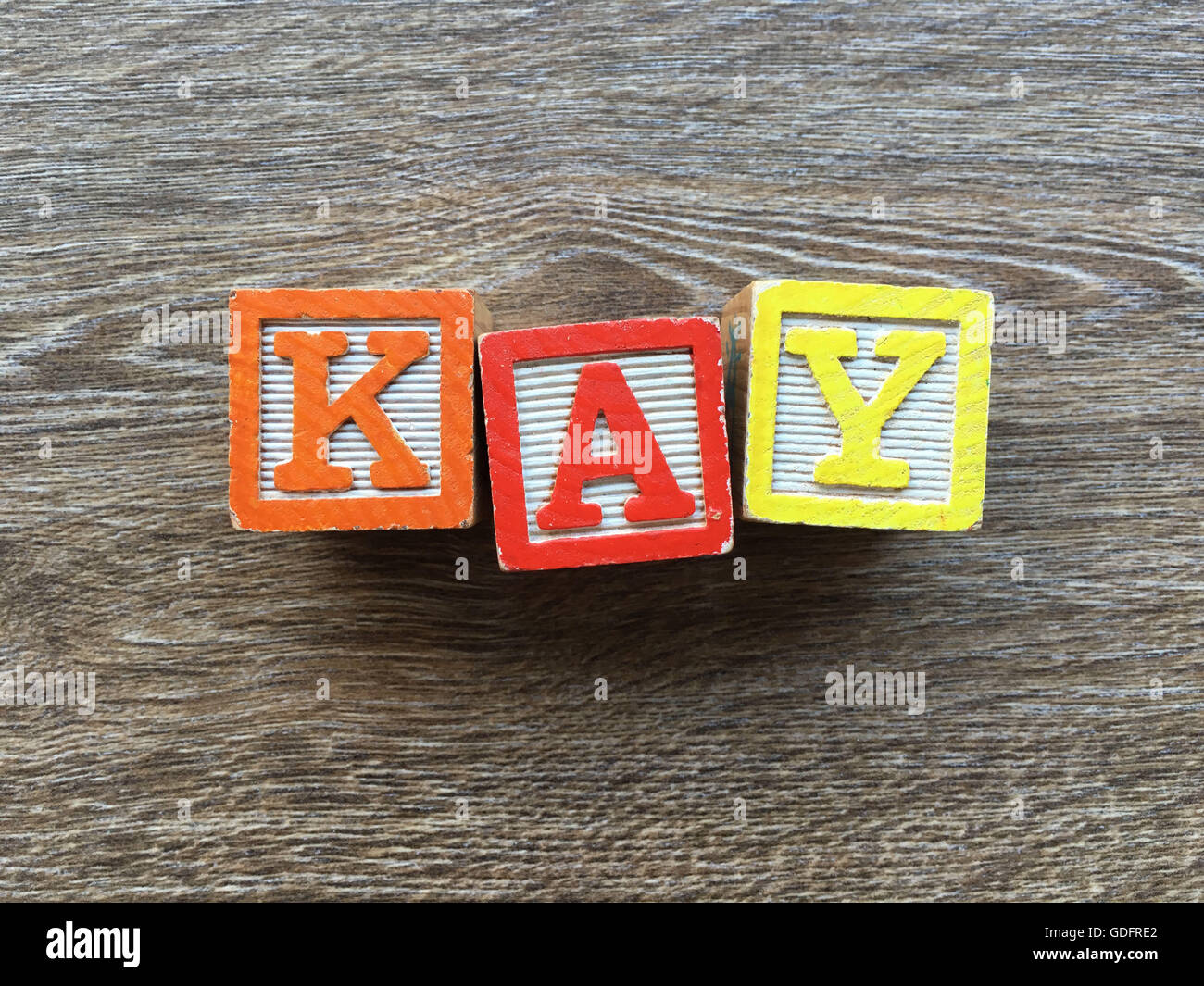 Kay name written with wood block letter toys Stock Photo - Alamy