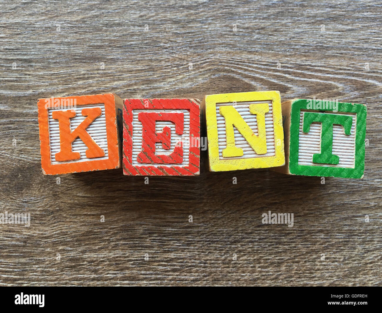 Kent name written with wood block letter toys Stock Photo - Alamy