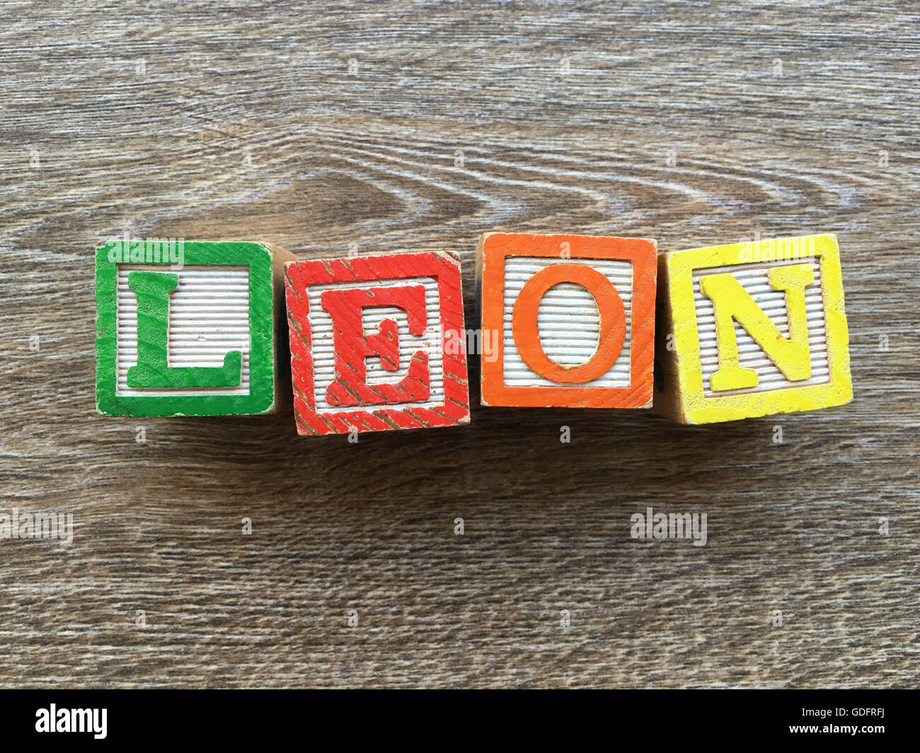 Leon name written with wood block letter toys Stock Photo - Alamy