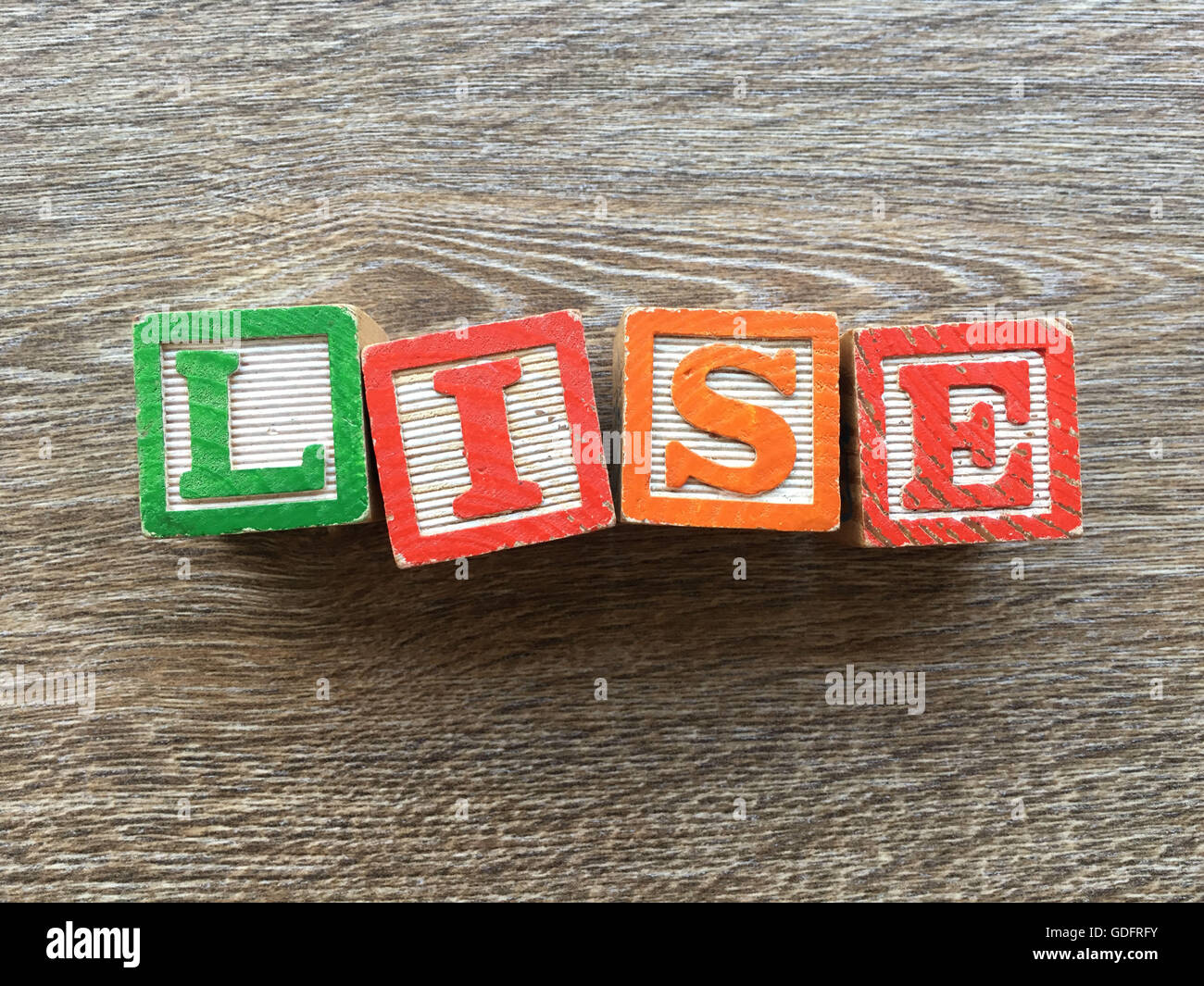 Lise name written with wood block letter toys Stock Photo - Alamy