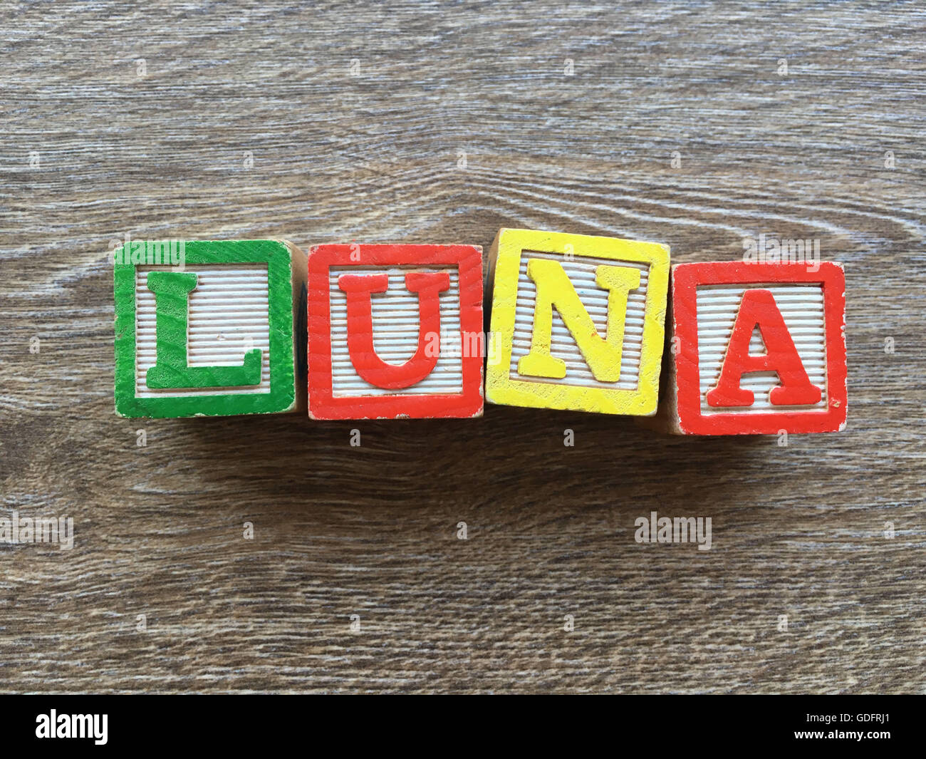 Luna name written with wood block letter toys Stock Photo - Alamy