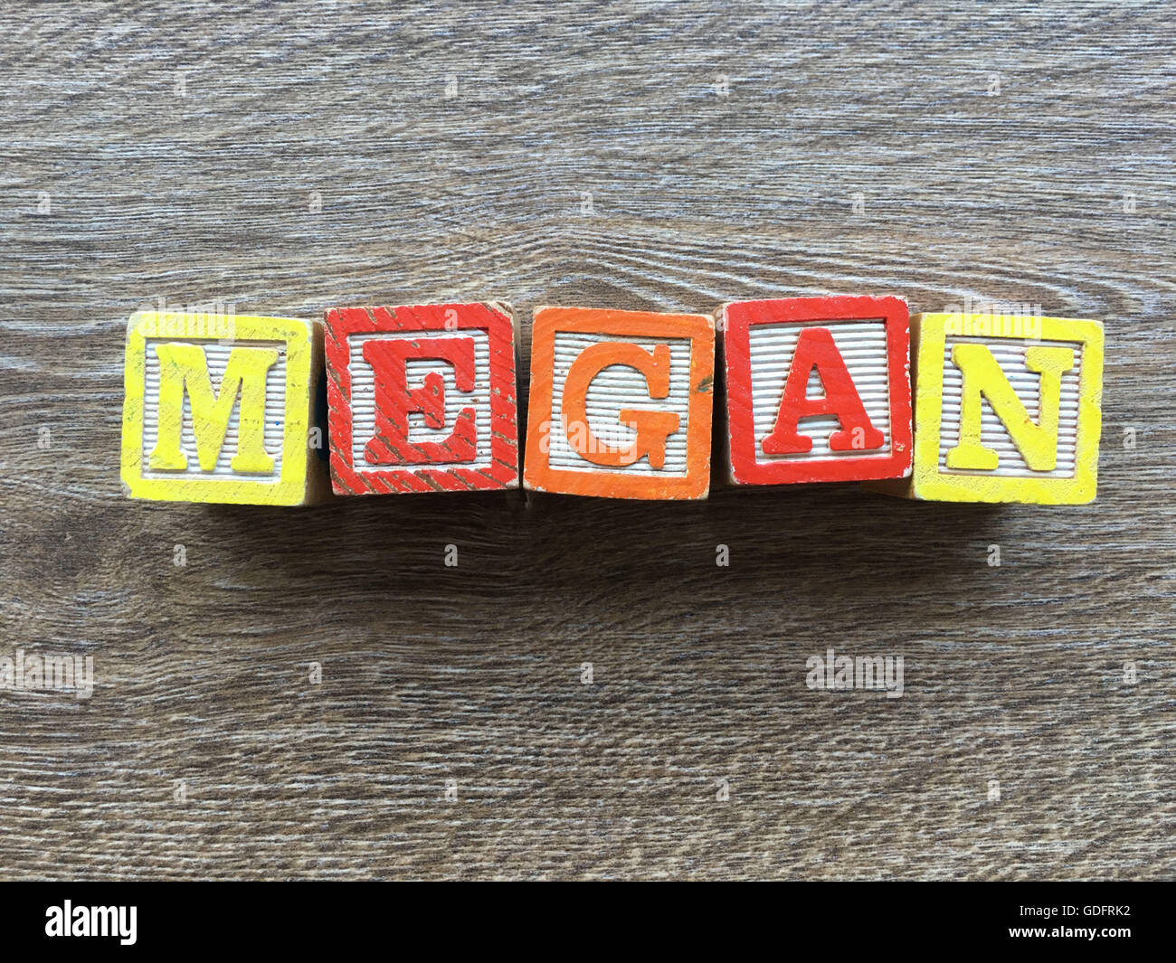 Megan name written with wood block letter toys Stock Photo - Alamy