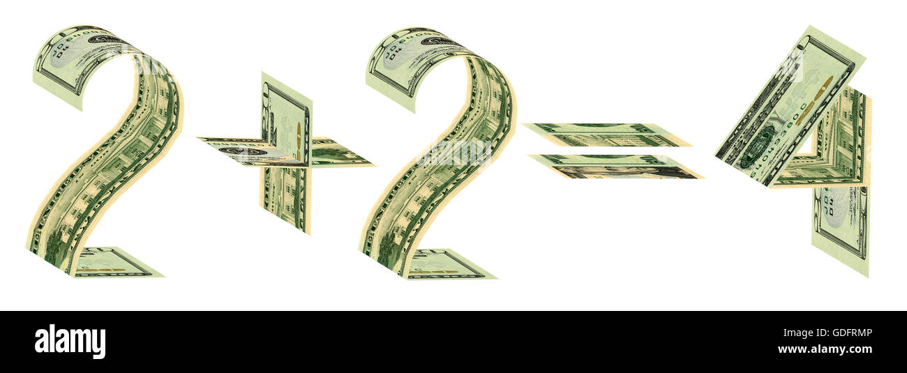 Two plus two equals four made of twenty dollar banknotes. Isolated on ...