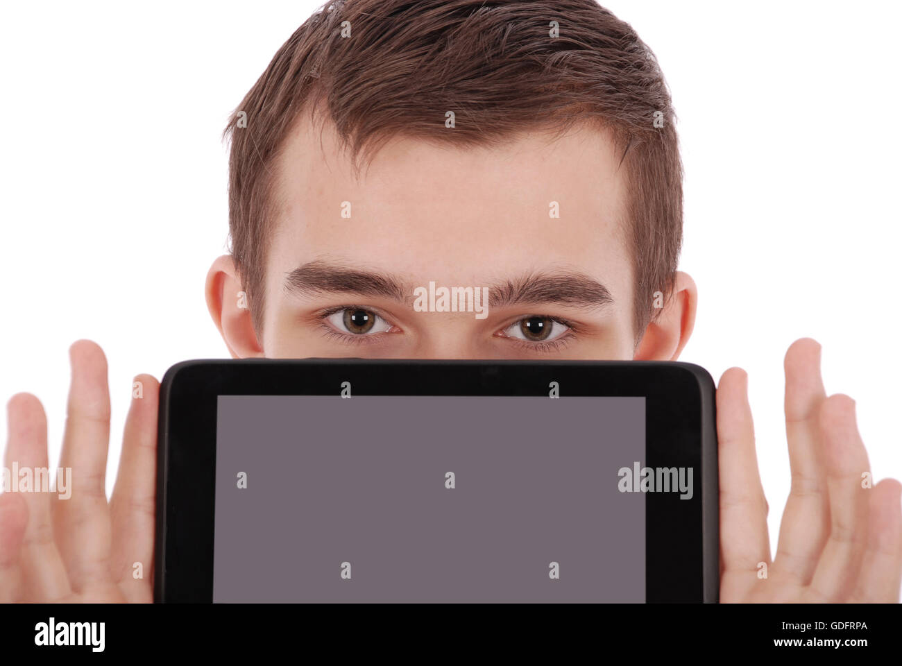 Boy closes the half face tablet pc isolated on white Stock Photo - Alamy