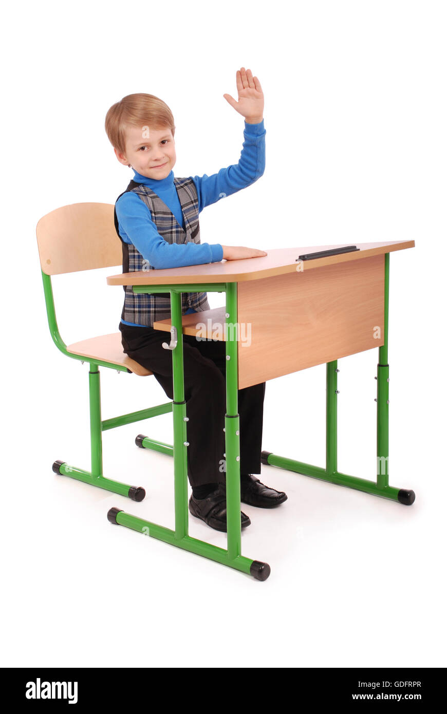 Boy raising hand to ask question isolated on white Stock Photo - Alamy