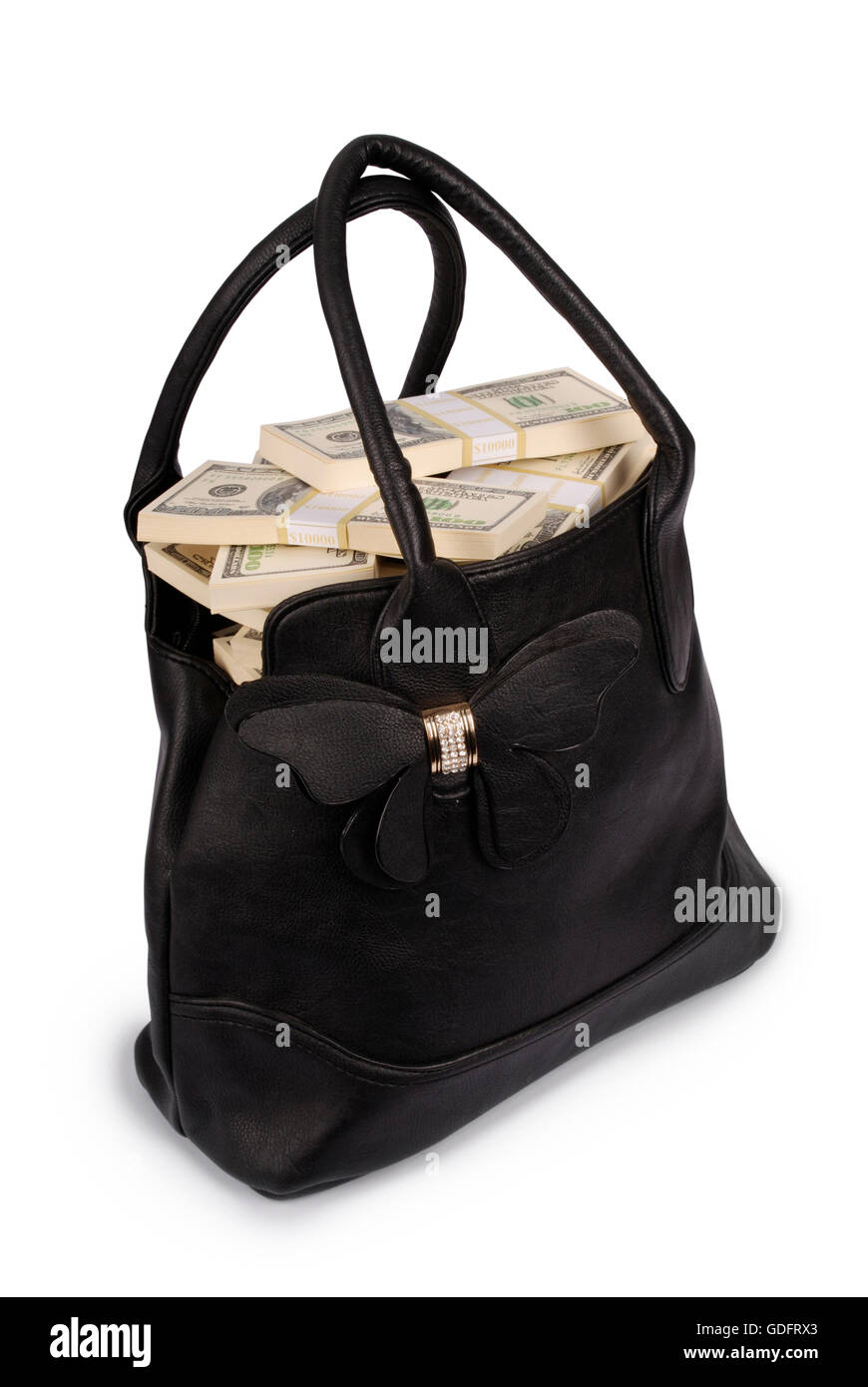 Black handbag full of money isolated on white. Photo with clipping path ...
