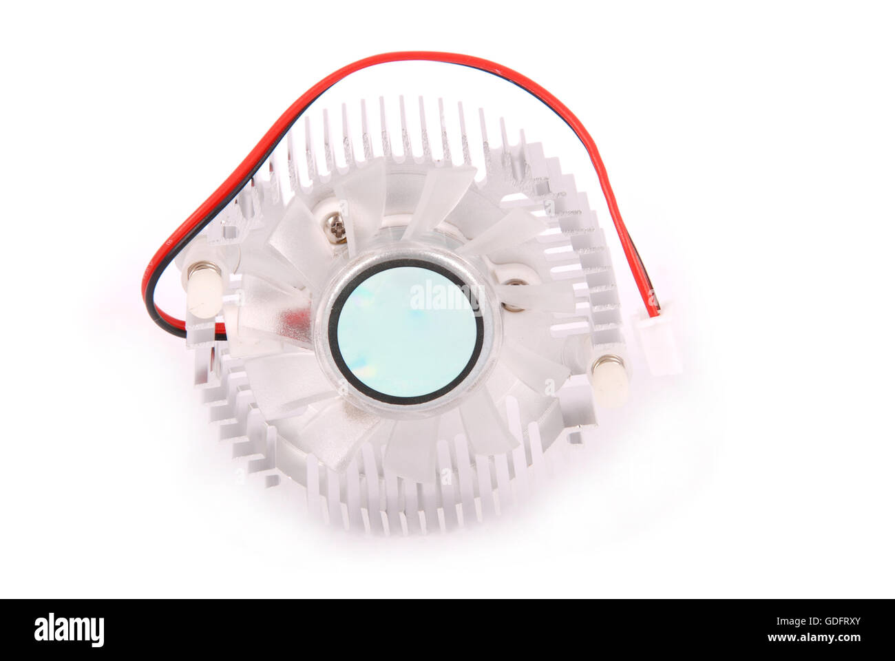 Close-up shot of a computer CPU cooler isolated on white background ...