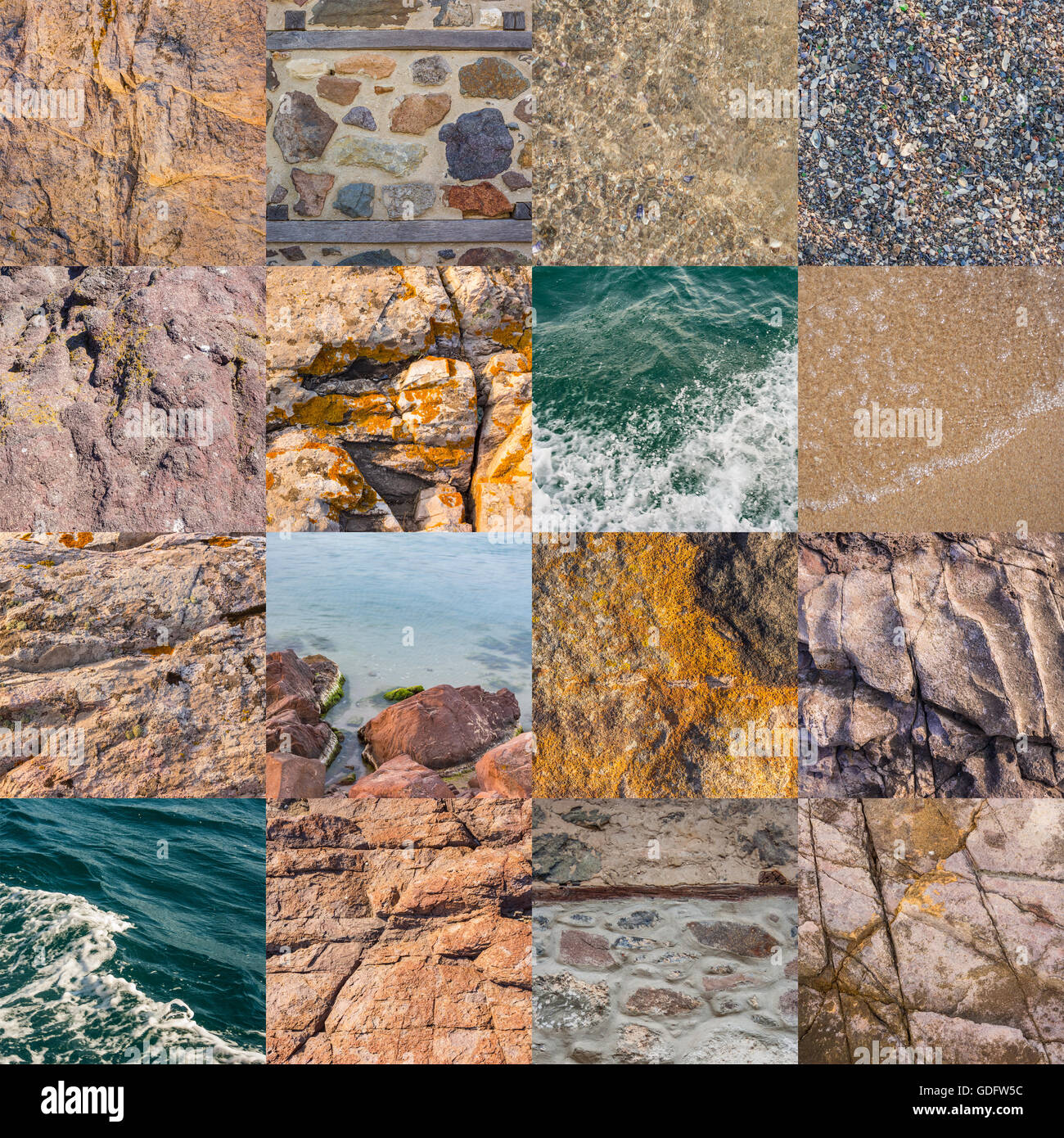 collage of stone and water textures from sea travel Stock Photo - Alamy