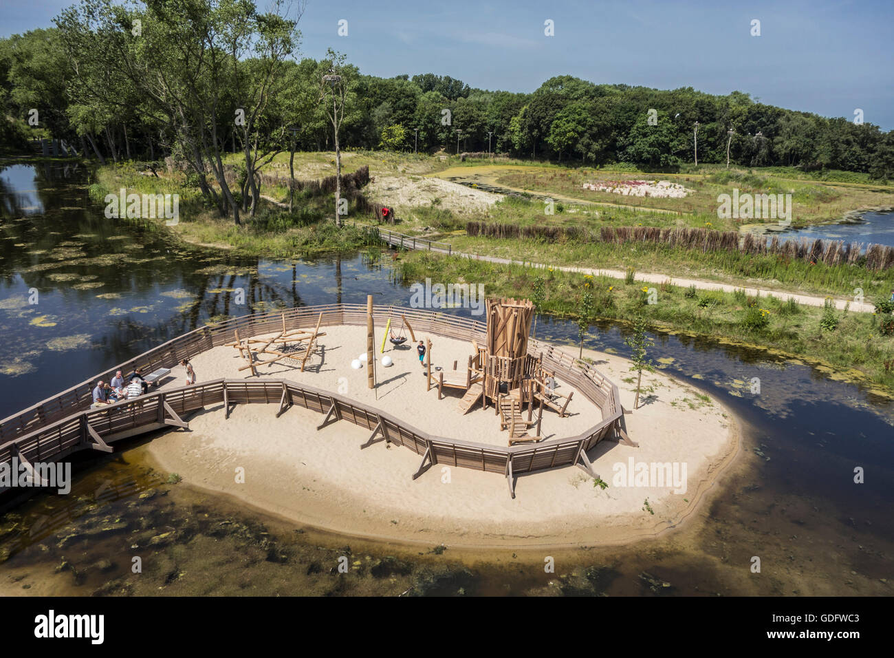 Aerial view over playground at the Zwin Nature Park, bird sanctuary at ...
