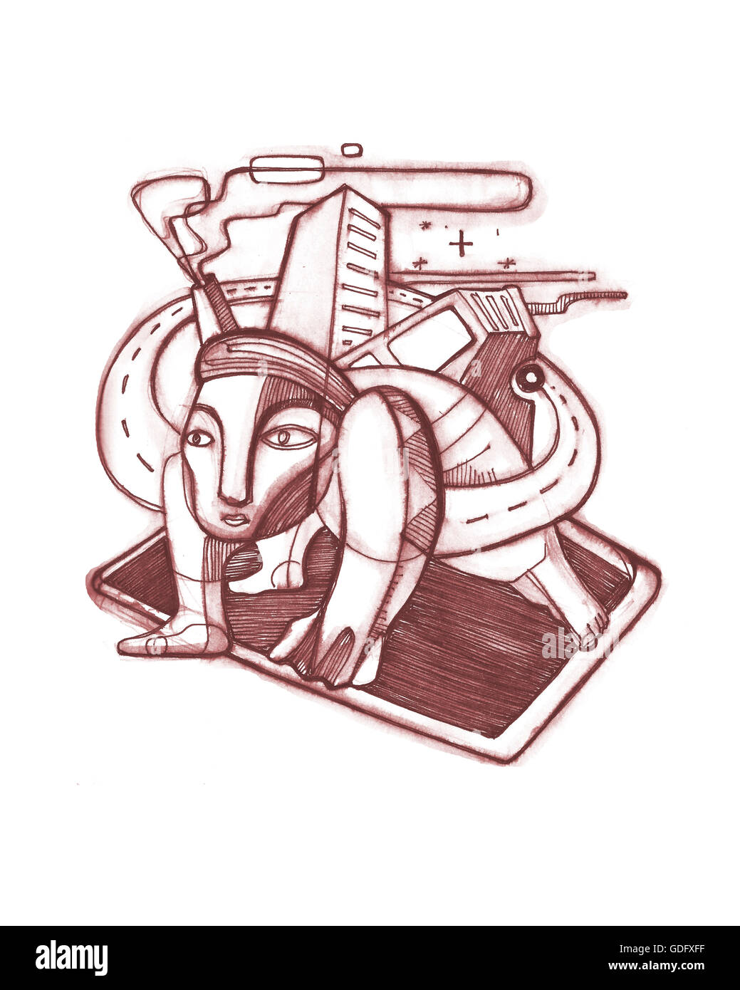 Hand drawn illustration or drawing of an abstract distorted man with ...