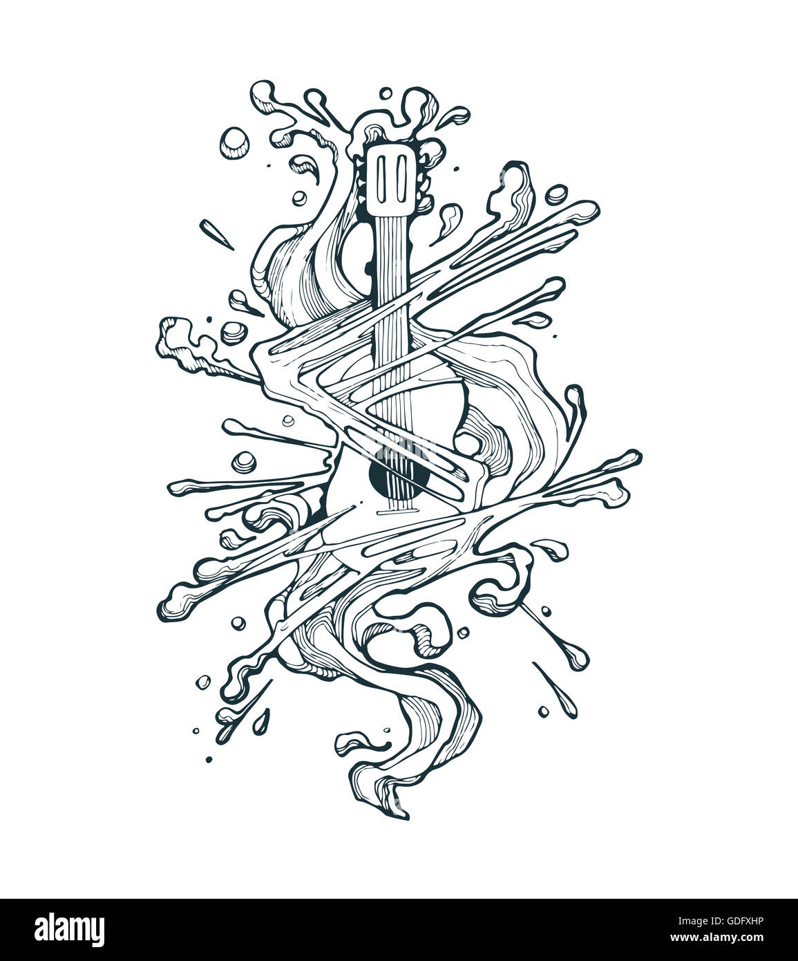 Hand drawn illustration or drawing of an acoustic guitar with a melting ...