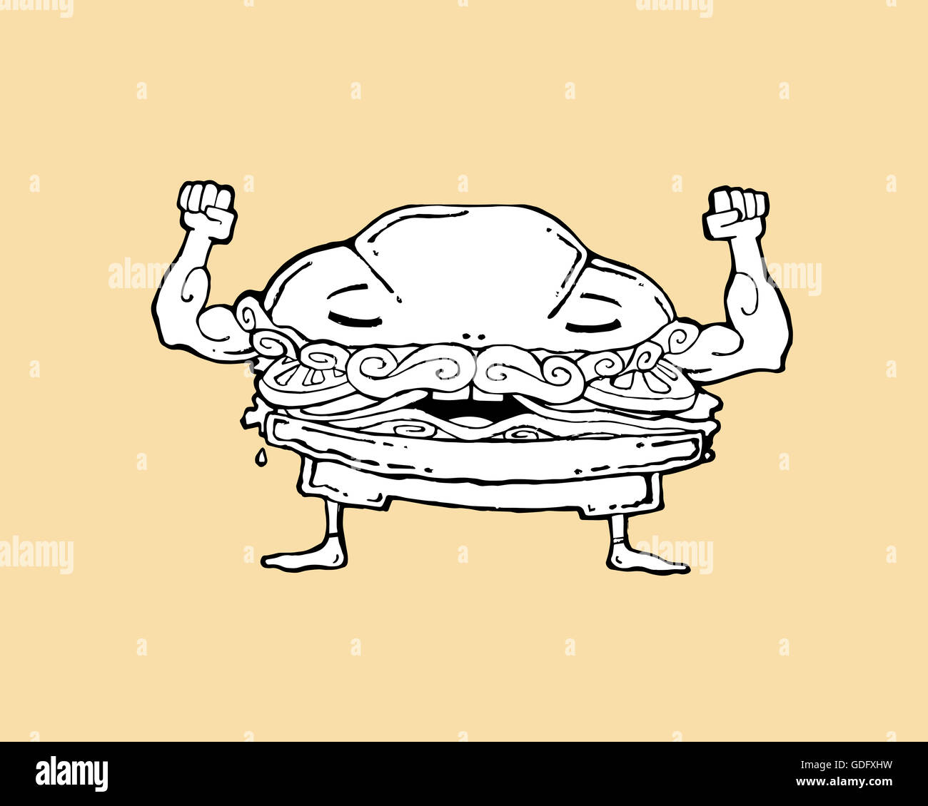 Hand drawn illustration and drawing of a burger with human factions ...