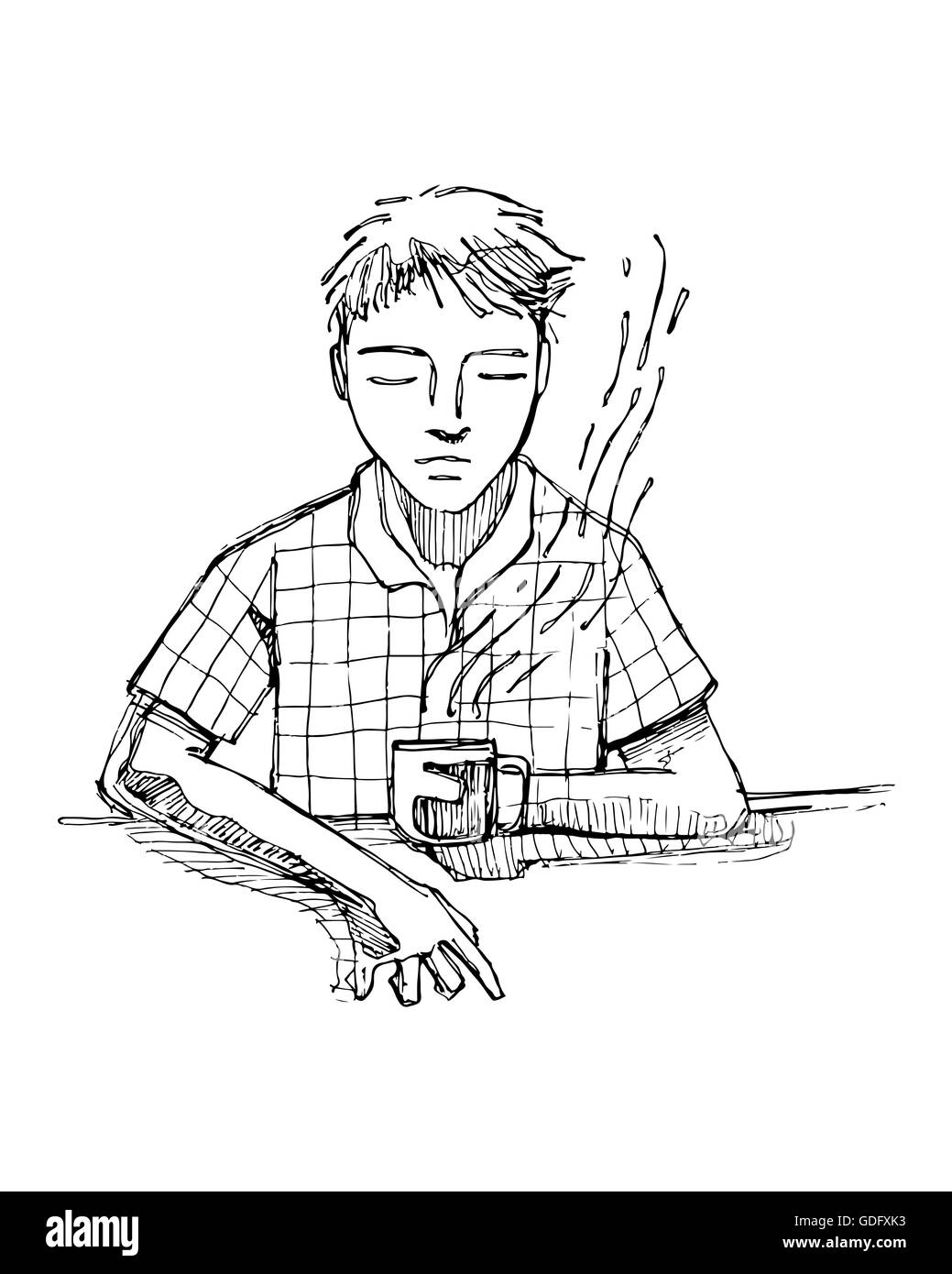 Hand drawn illustration or drawing of a reflecting man drinking coffee ...