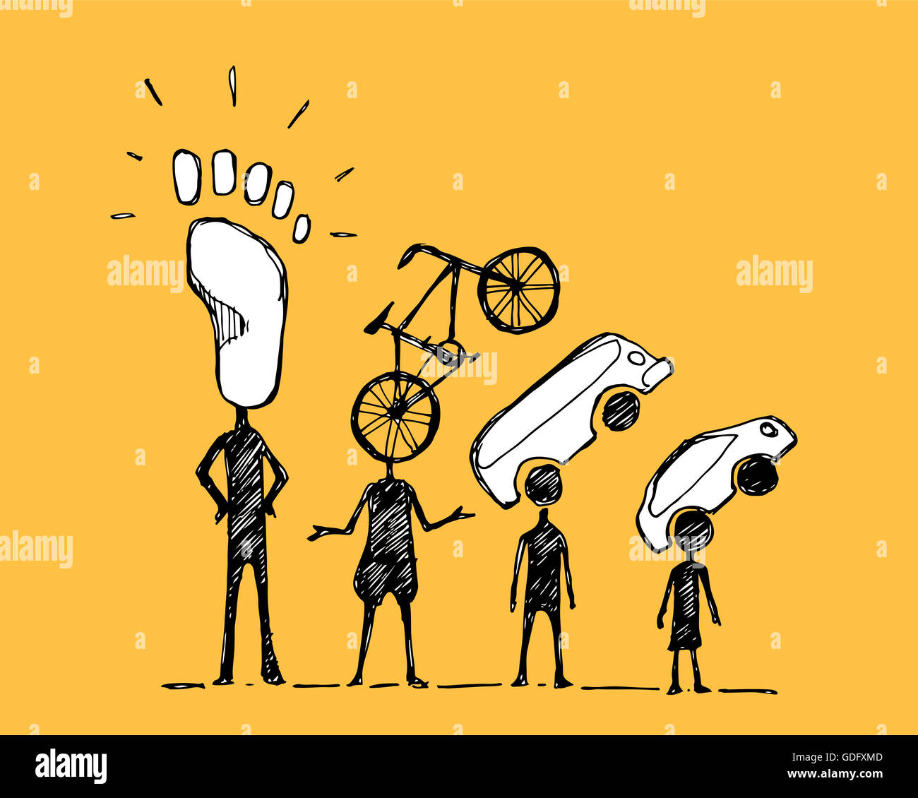 Hand drawn illustration or drawing of some people with urban mobility ...