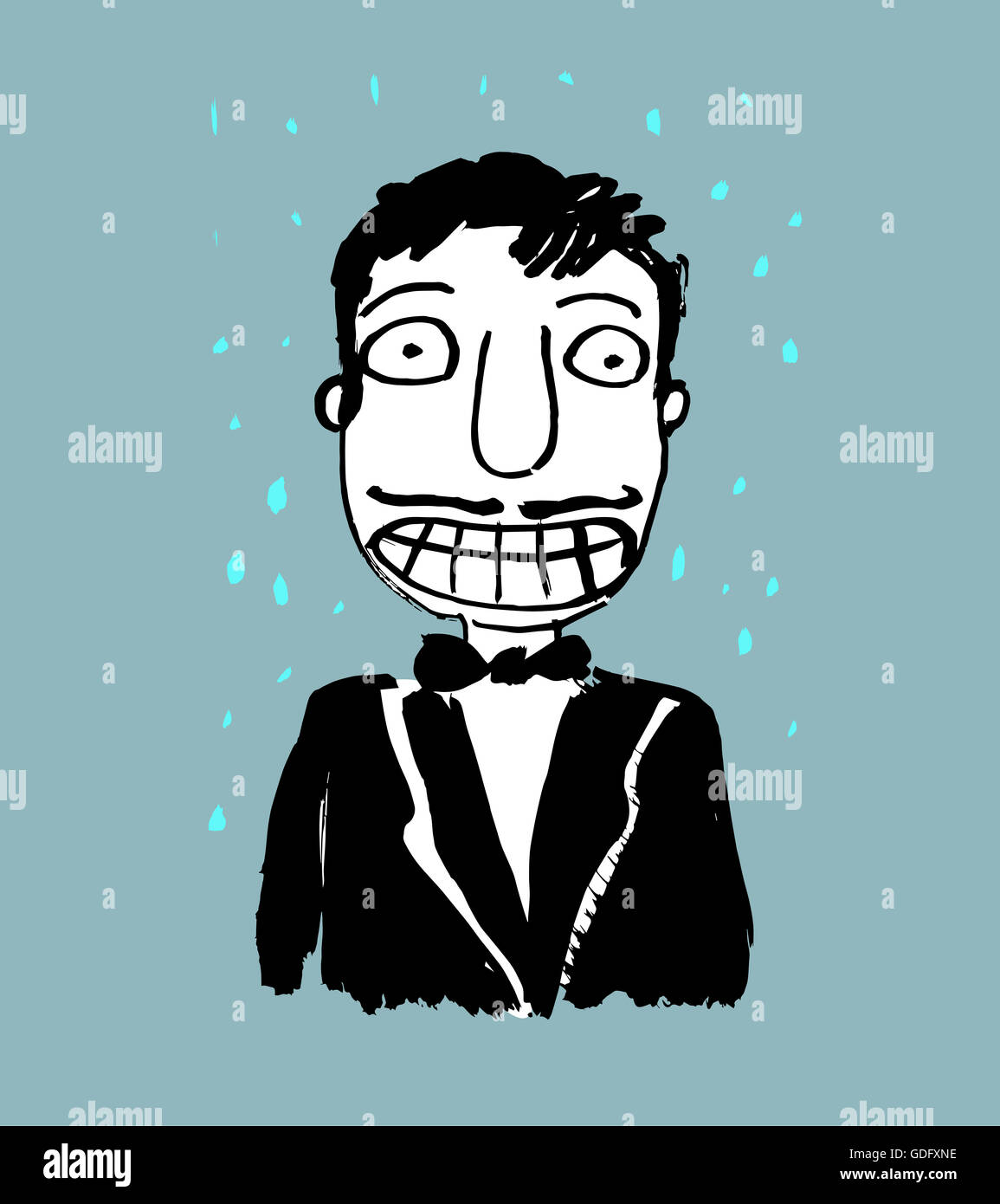 Hand drawn illustration or drawing of a man with a frack under the rain ...