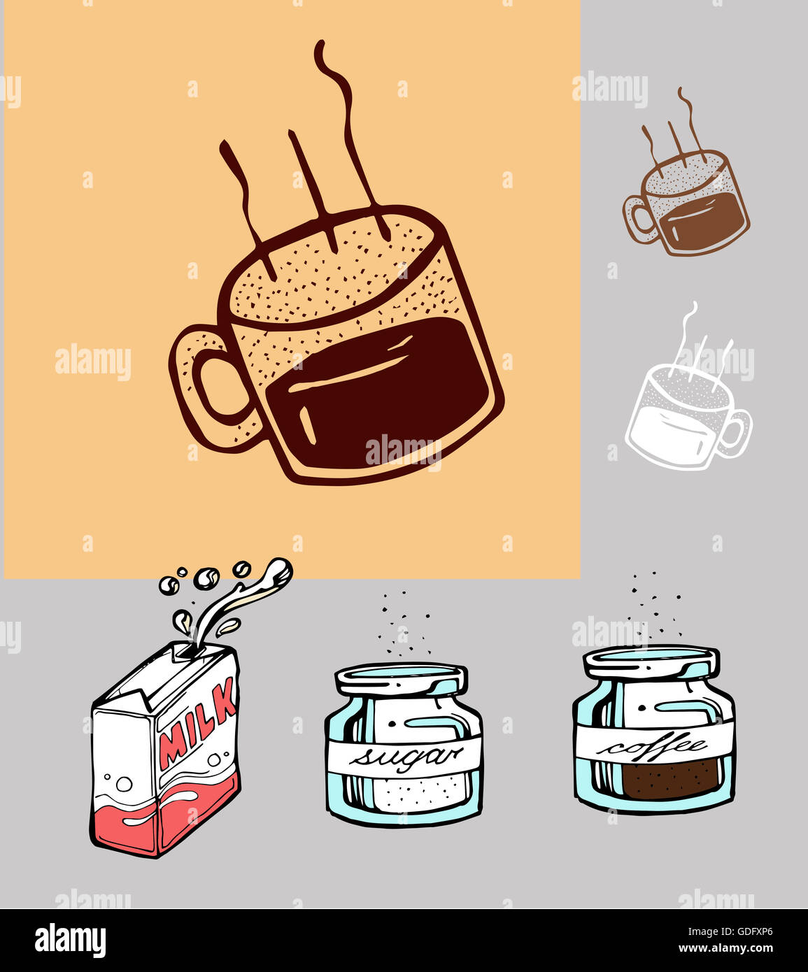 Hand drawn vector illustration or drawing of some cups, milks, sugar ...